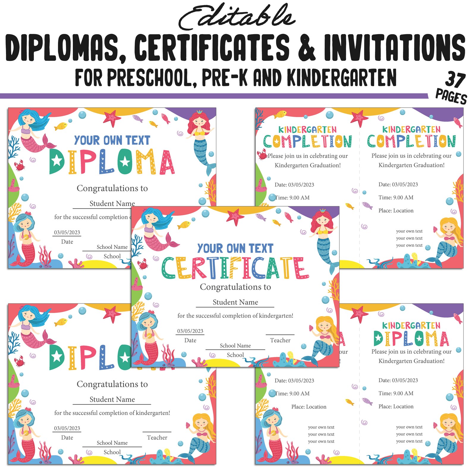 Editable Kindergarten Graduation Invitations, Pre-k and Preschool ...
