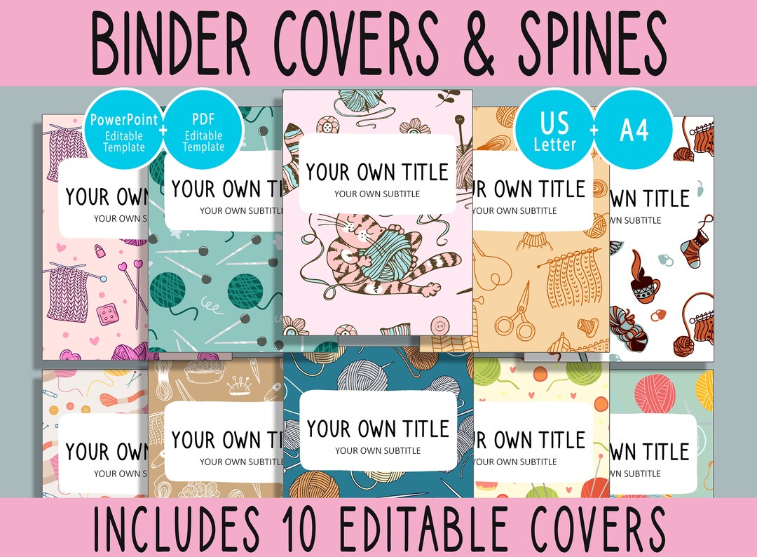 10 Editable Knitting Binder Covers, Includes 1, 1.5, 2 Spines ...
