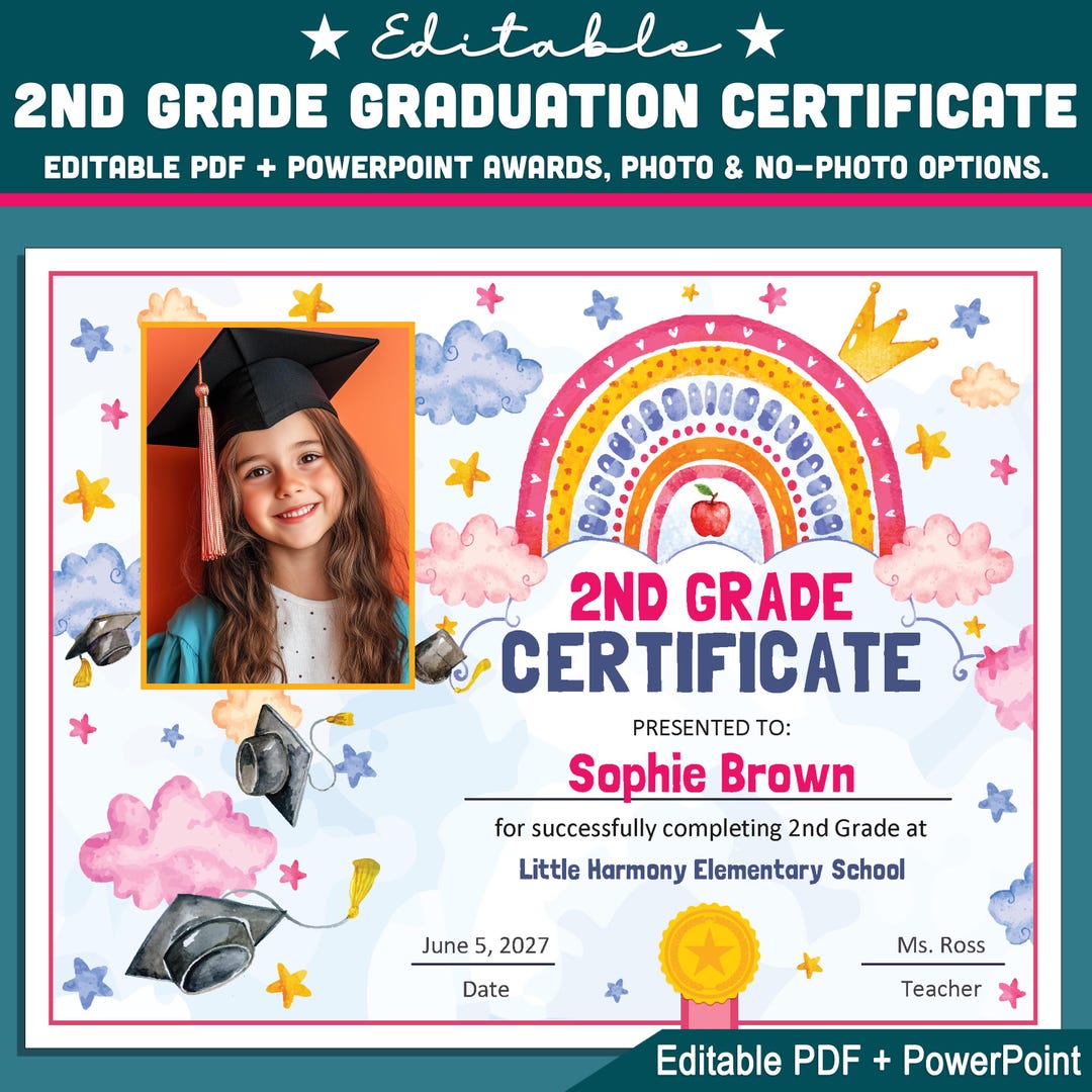 2nd Grade Completion Certificate, Editable Rainbow Awards for Ceremony ...