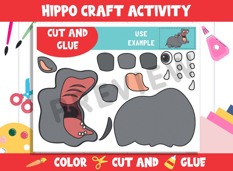 Cute Hippo Craft Activity - Color, Cut, and Glue for Prek to 2nd Grade ...