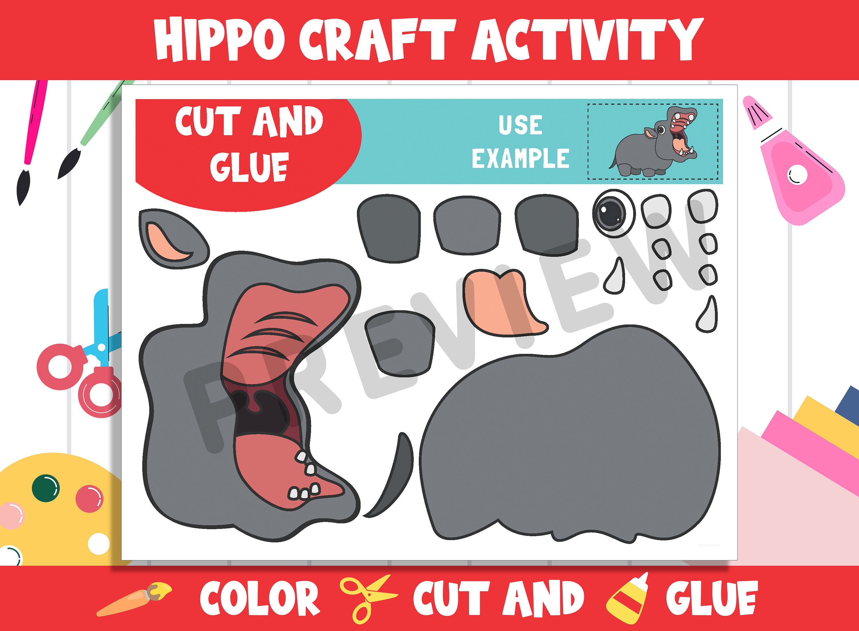 Cute Hippo Craft Activity Color, Cut, and Glue for Prek to 2nd Grade ...