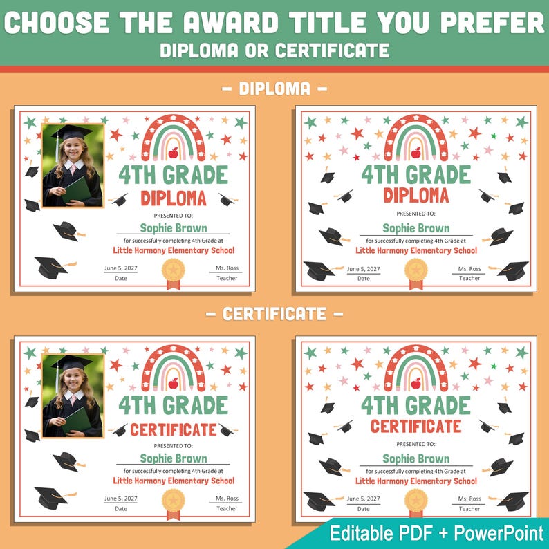 Editable 4th Grade Graduation Diploma & Certificate Set, Retro Rainbow ...