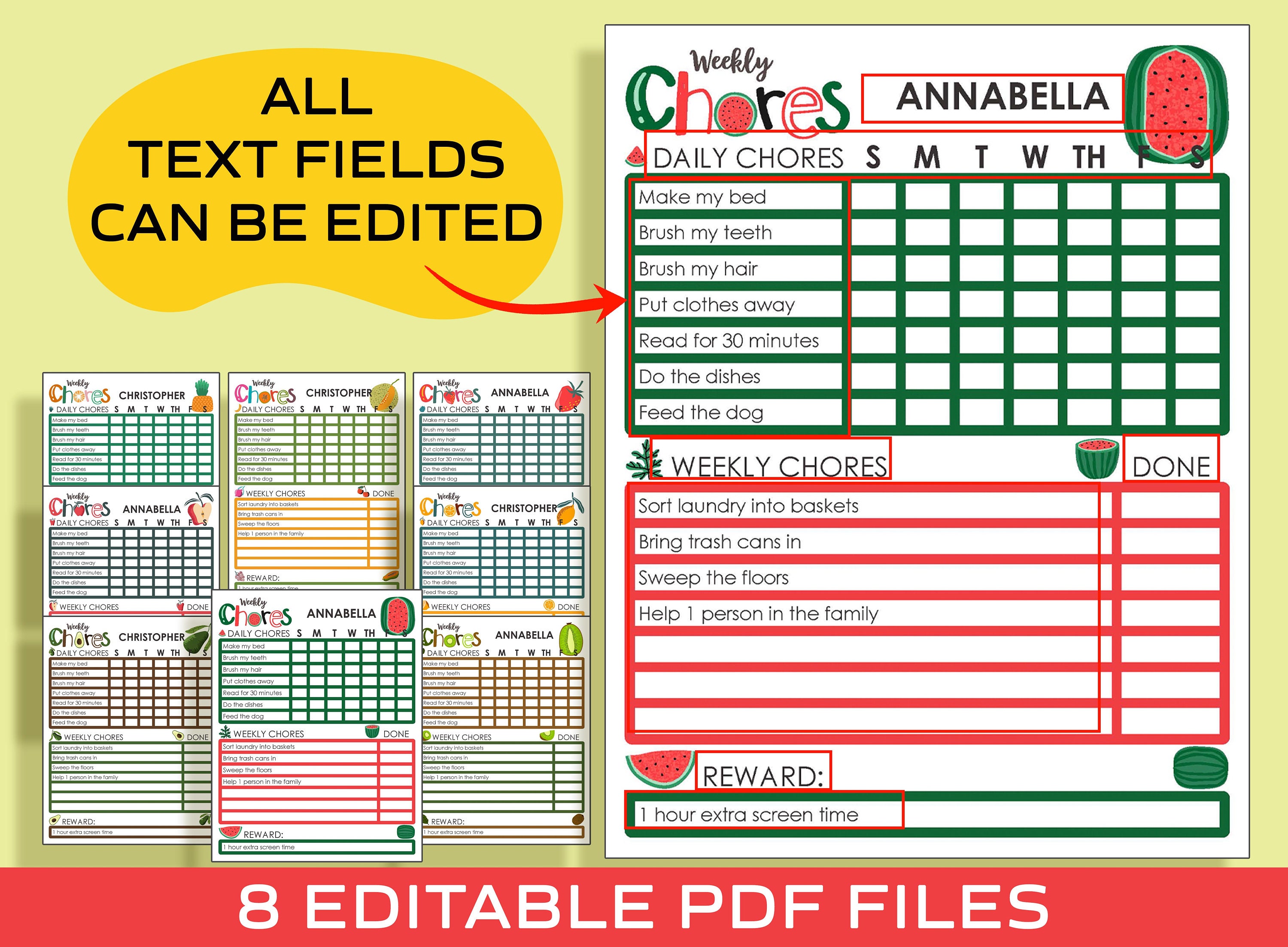 Chore Chart for Kids Fruit, Printable/editable Chore Chart for Kids ...