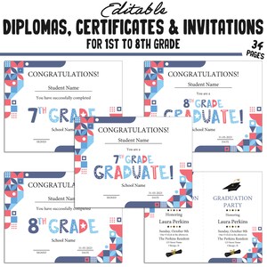 Editable Diplomas for 4th Grade, Certificates for 1st-8th Grade, and ...