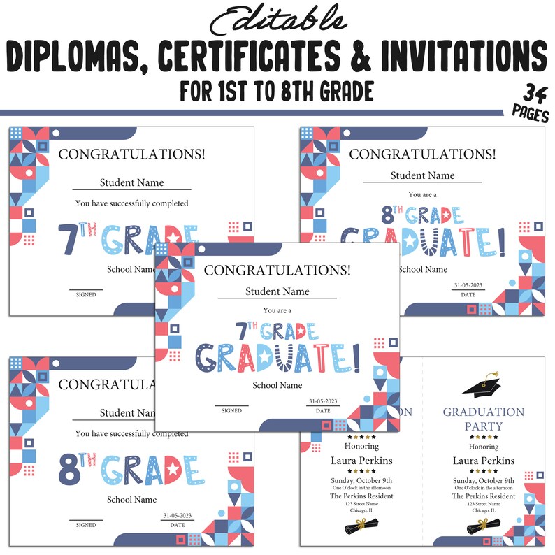 Editable Diplomas for 4th Grade, Certificates for 1st-8th Grade, and ...