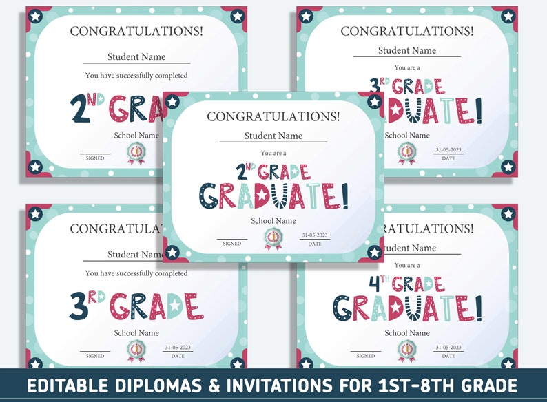 Editable First Grade Awards, 1st to 8th Grade Diploma, Certificate of ...