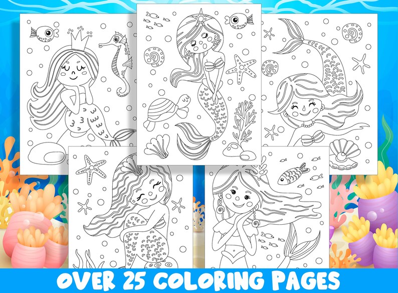Mermaid Coloring Book, 25 Printable Beautiful Mermaid Coloring Pages ...