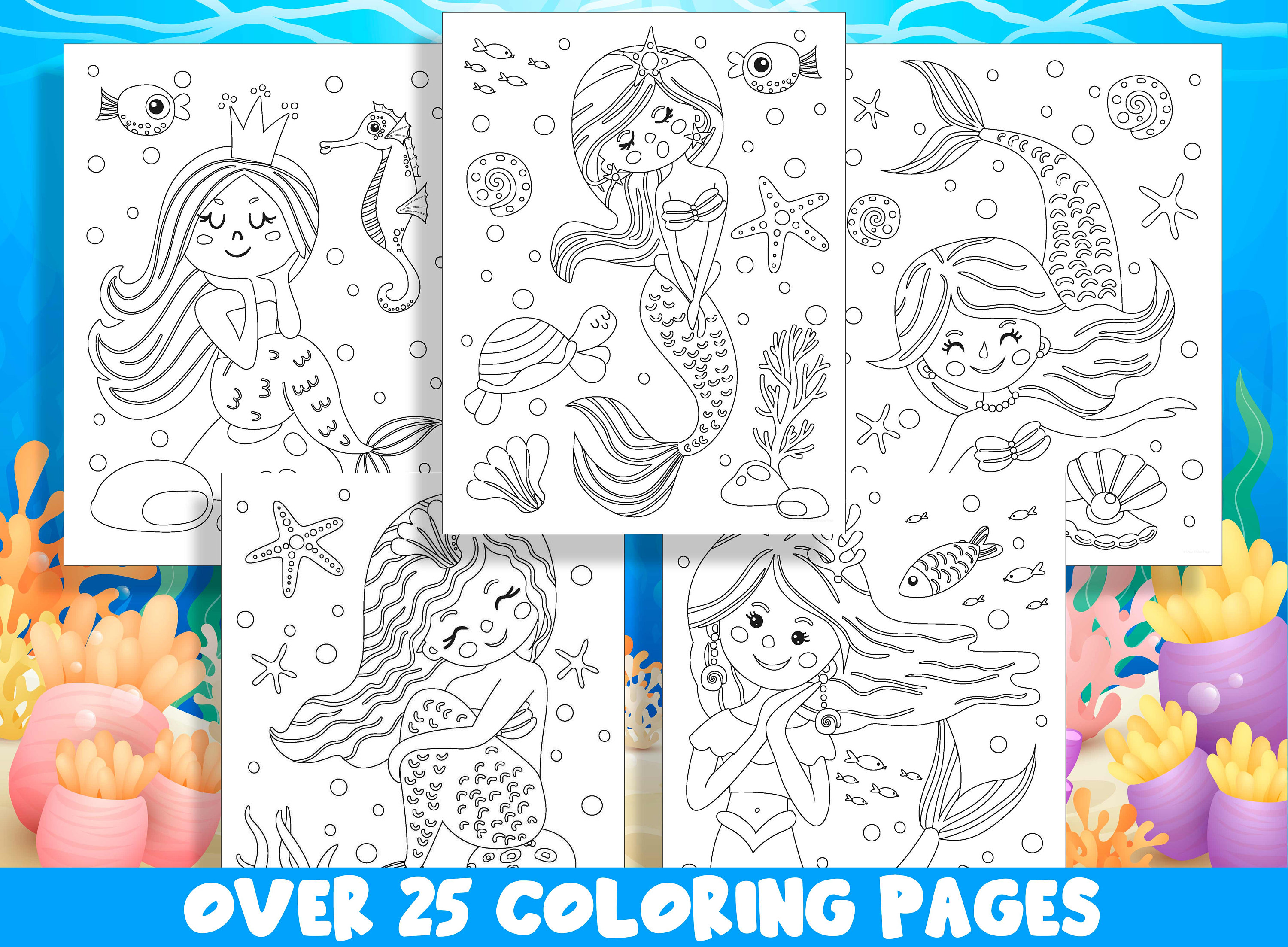 Mermaid Coloring Book, 25 Printable Beautiful Mermaid Coloring Pages ...
