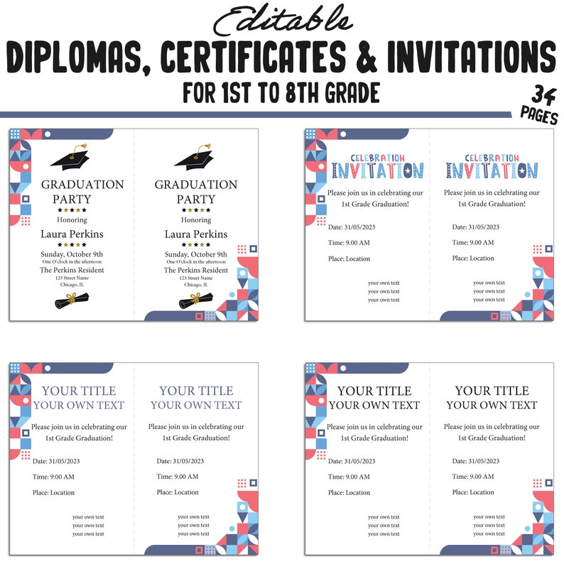 Editable Diplomas for 4th Grade, Certificates for 1st-8th Grade, and ...