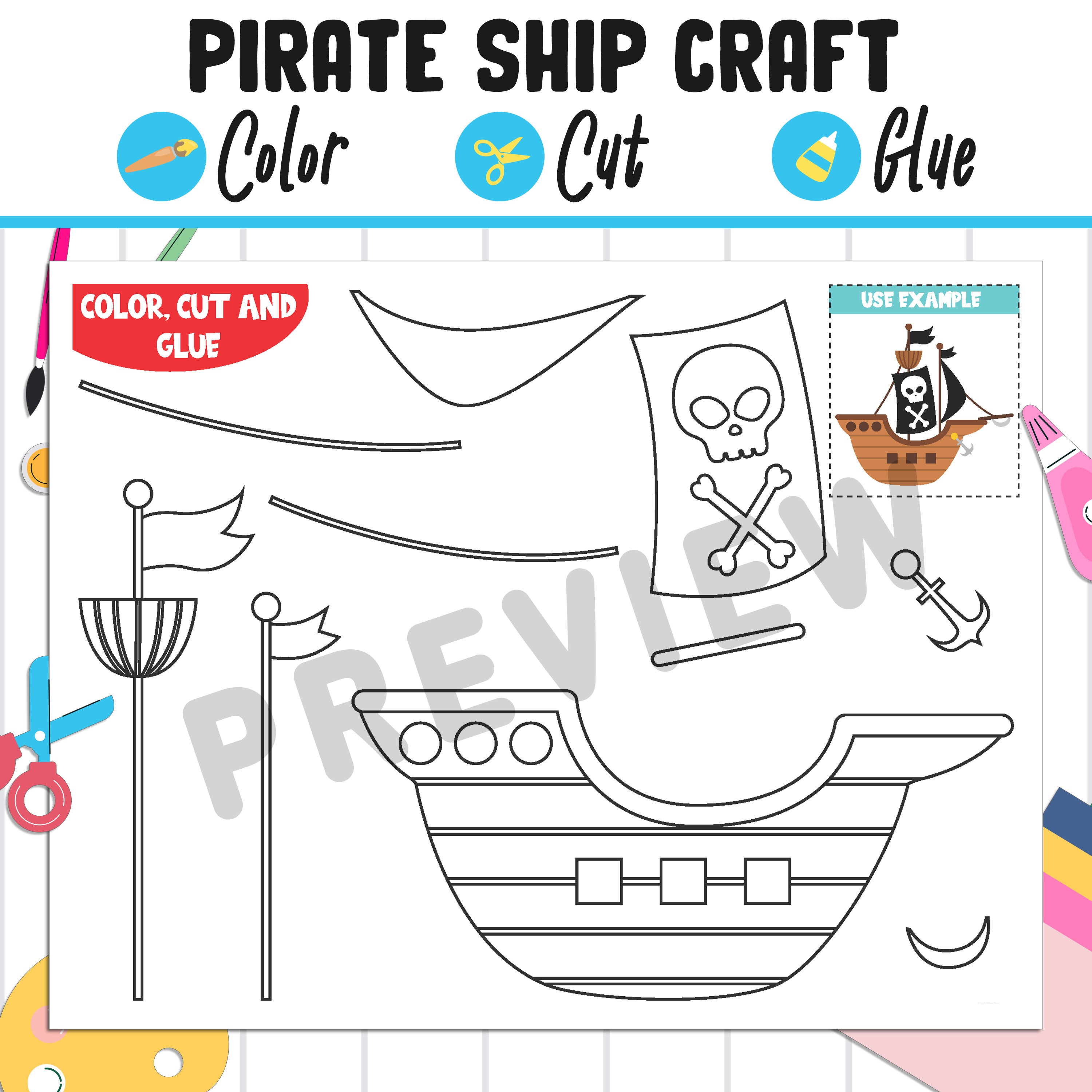 Pirate Ship Craft: Color, Cut, and Glue, a Fun Activity for Prek to 2nd ...