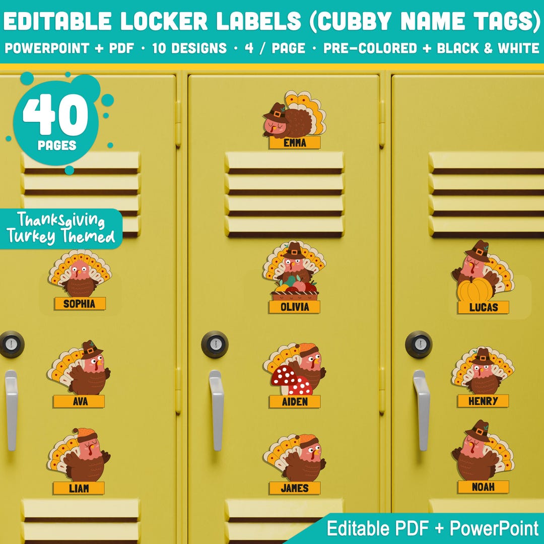 Editable Locker Labels, Cubby Name Tags, Cute Thanksgiving Turkey ...