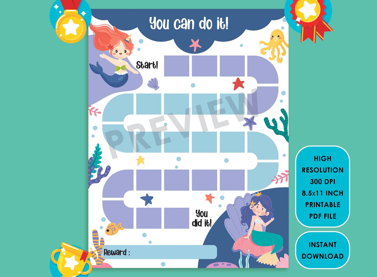 Printable Mermaid Reward Chart: Underwater Life Behavior Chart for ...