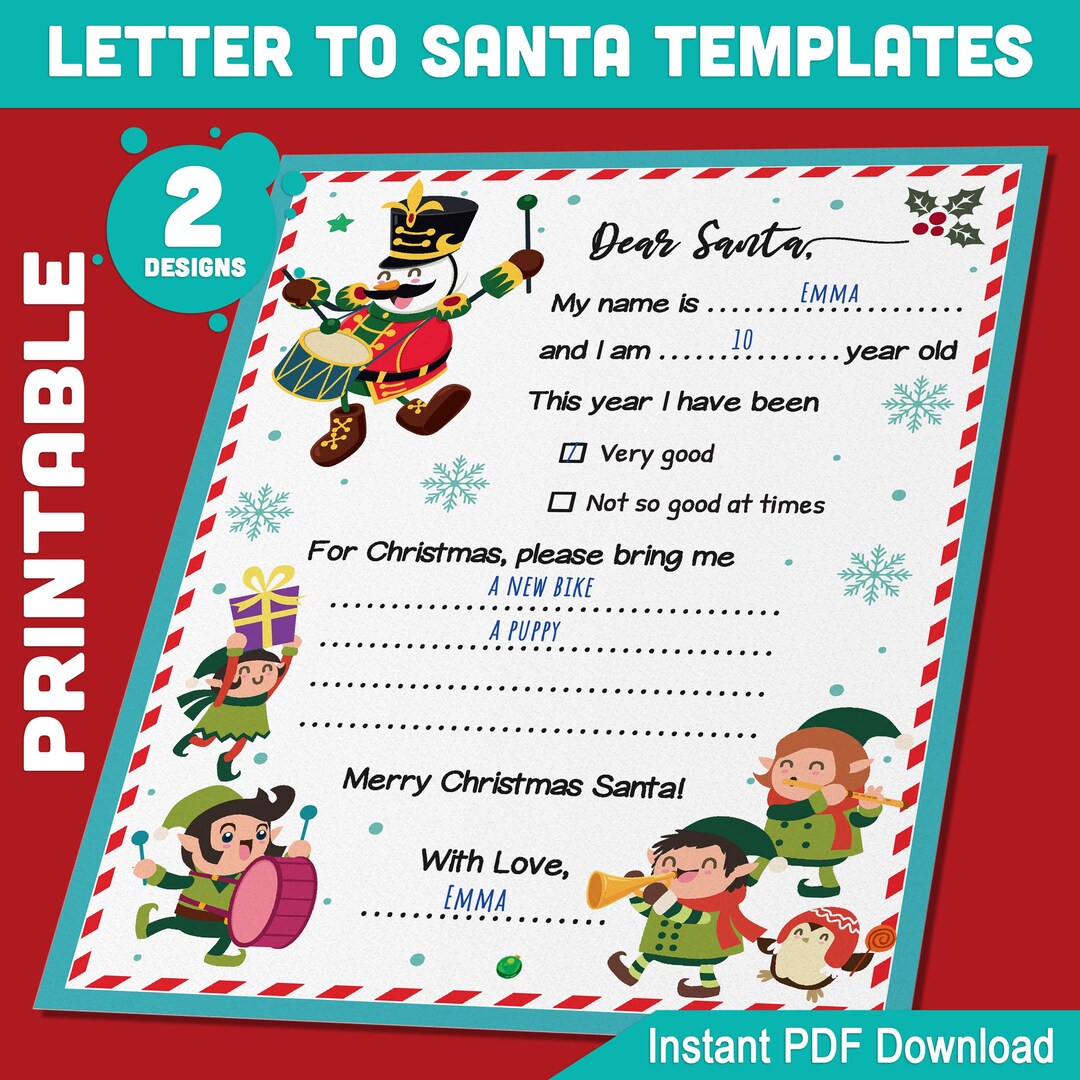 Kids Letter to Santa: 2 Printable Christmas Templates, 8.5x11" Holiday ...