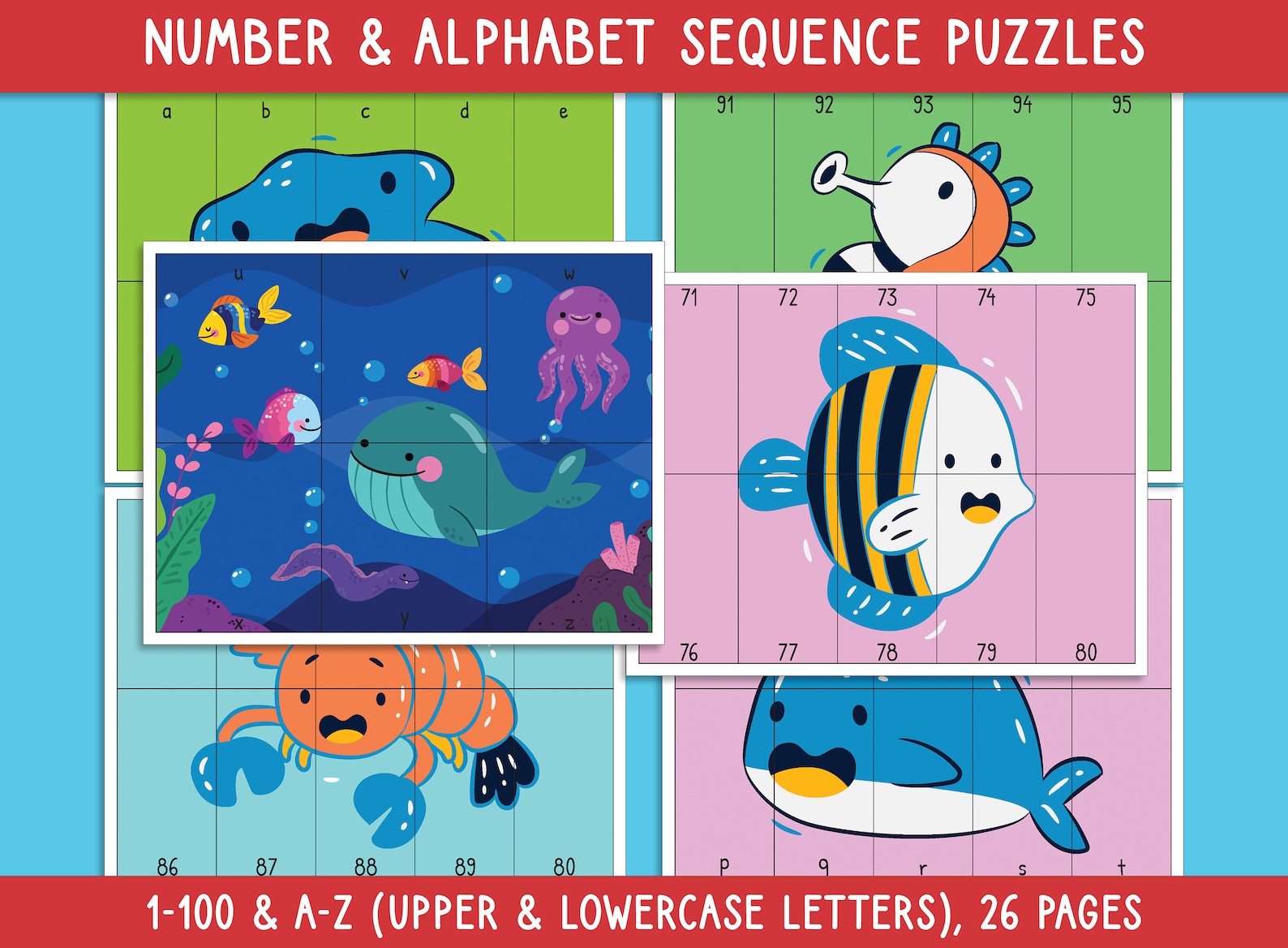 Sea Animal Number and Alphabet Sequence Puzzles (printable), 1-100 and ...