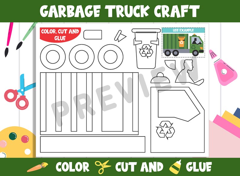 Garbage Truck Craft Activity Color, Cut, and Glue for Prek to 2nd Grade ...