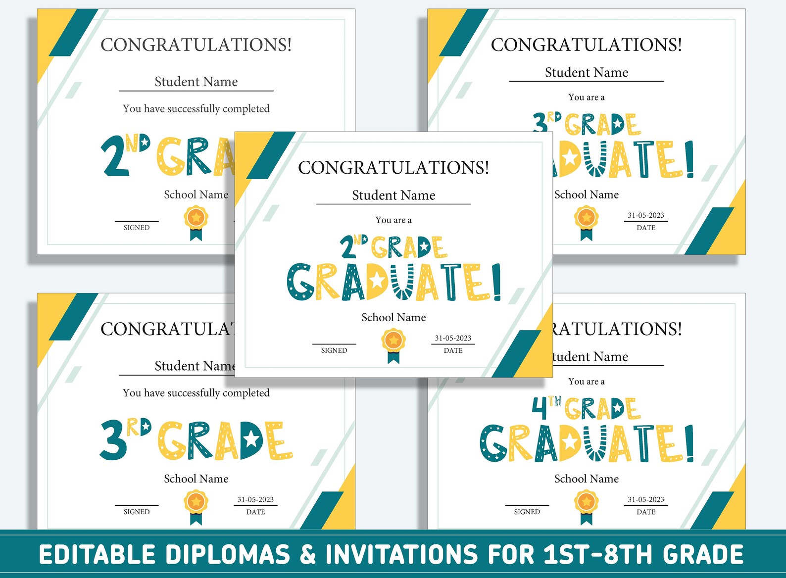 Editable 3rd Grade Graduation, 1st to 8th Grade Diploma, Certificate of ...