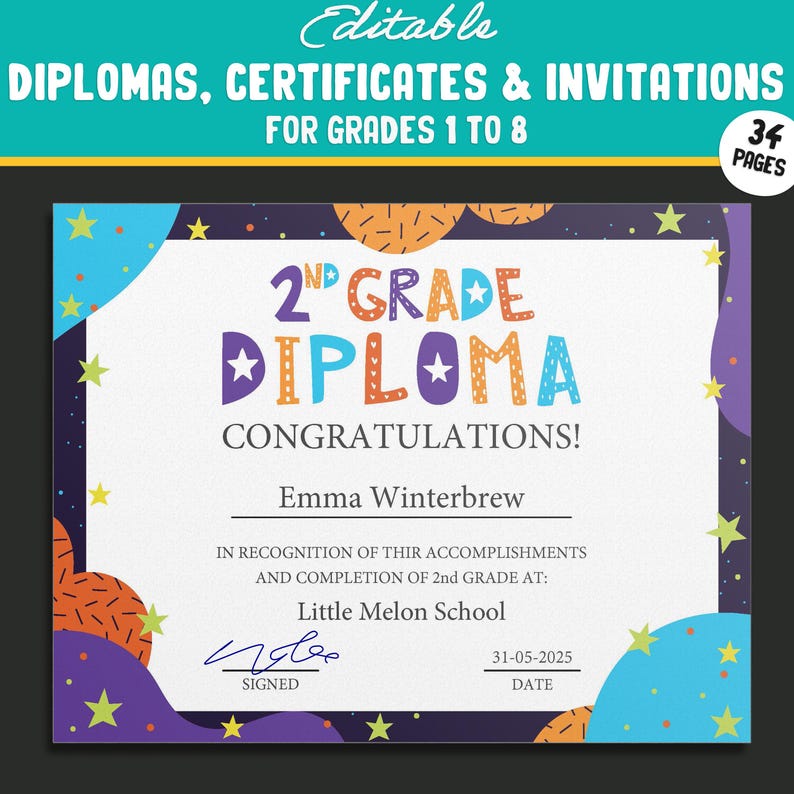 Editable Second Grade Certificate, 1st to 8th Grade Diploma ...