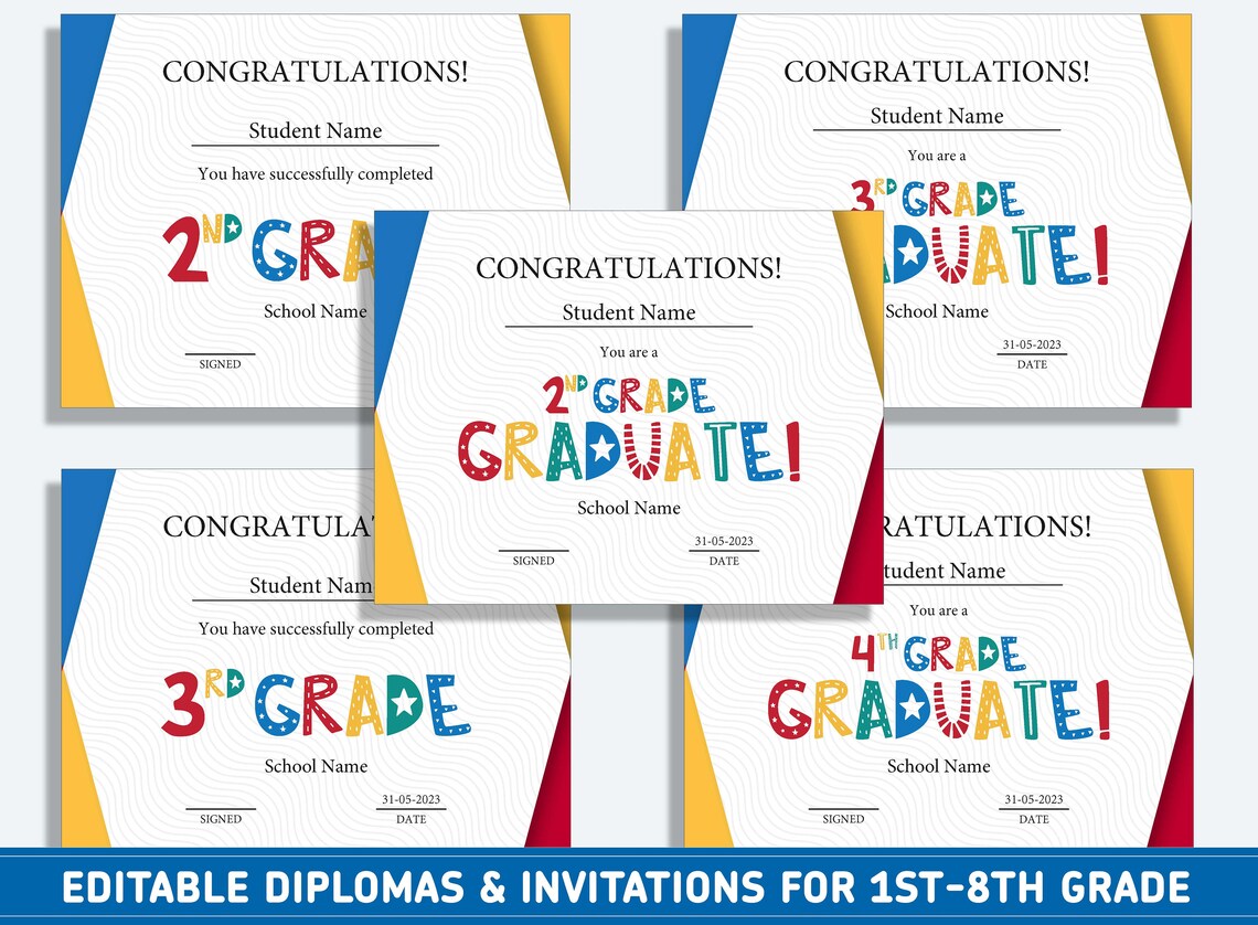 Editable 2nd Grade Graduation Certificate, 1st to 8th Grade Diploma ...