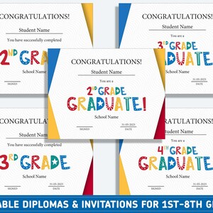 Editable 2nd Grade Graduation Certificate, 1st to 8th Grade Diploma ...