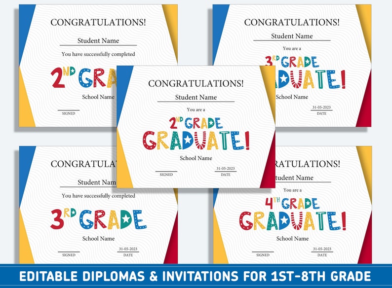 Editable 2nd Grade Graduation Certificate, 1st to 8th Grade Diploma ...