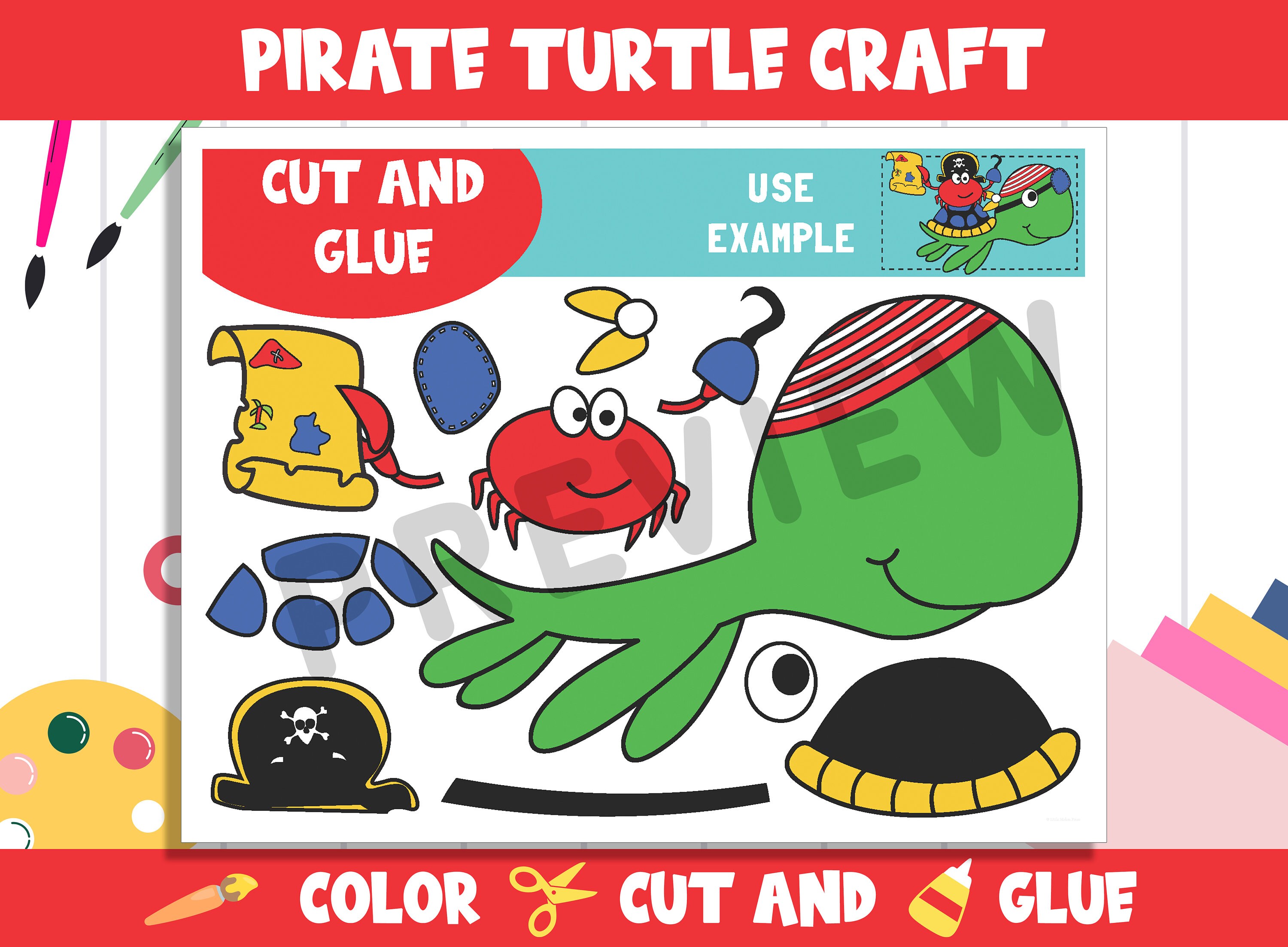 Pirate Turtle Craft Activity Color, Cut, and Glue for Prek to 2nd Grade ...