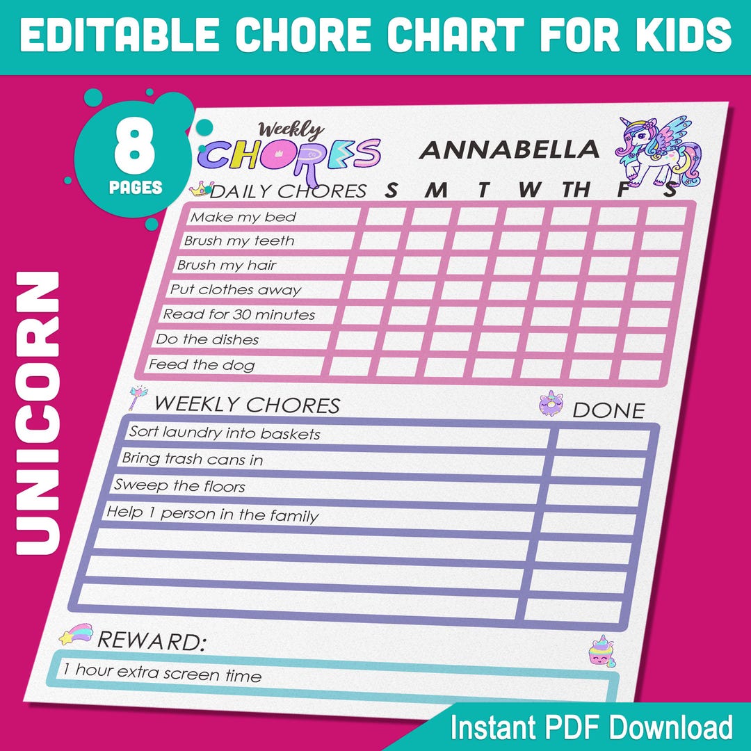 Unicorn Chore Chart for Kids - Printable and Editable, Encourage ...