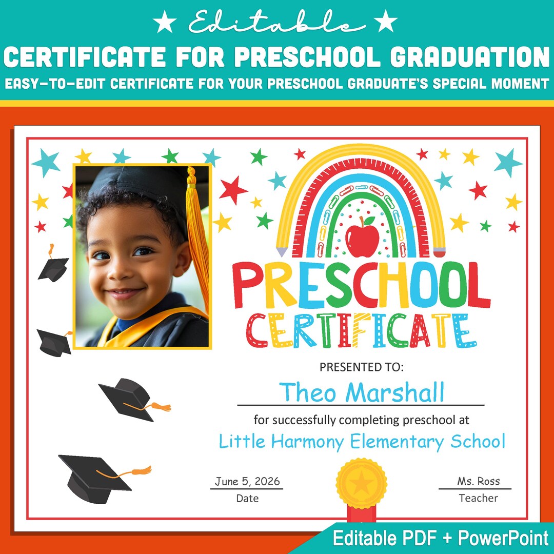 Editable Preschool Certificate With Photo, Graduation Diploma Template ...