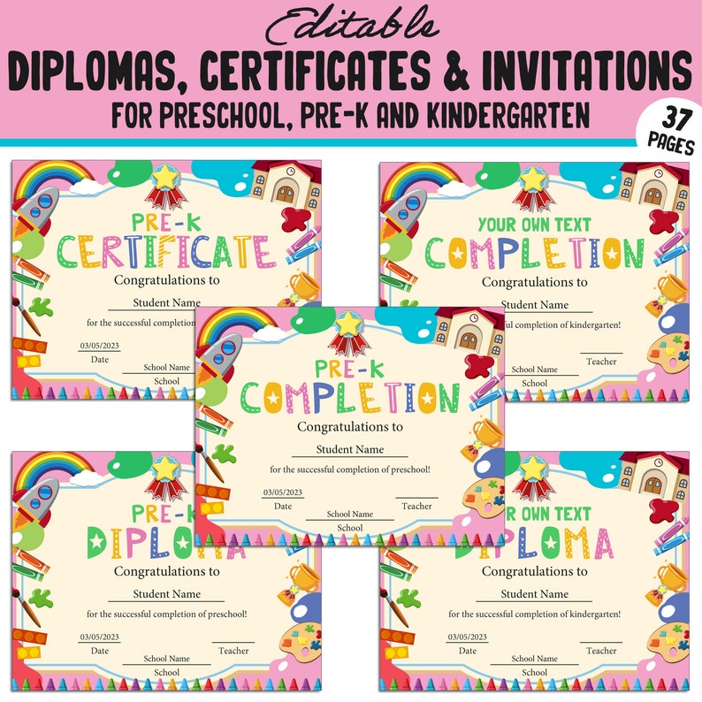 Editable Preschool, Pre-k, and Kindergarten Diplomas, Certificates, and ...