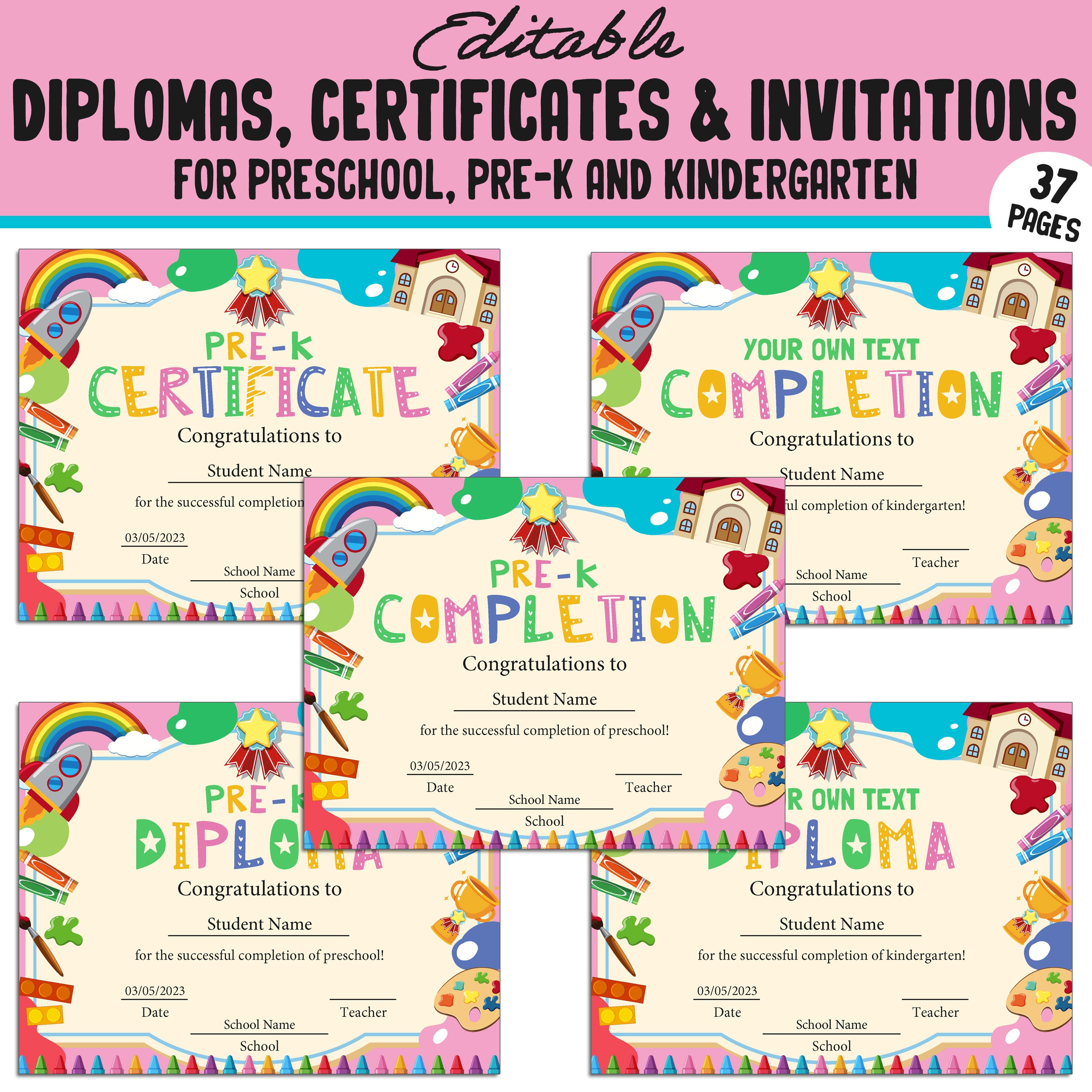 Editable Preschool, Pre-k, and Kindergarten Diplomas, Certificates, and ...