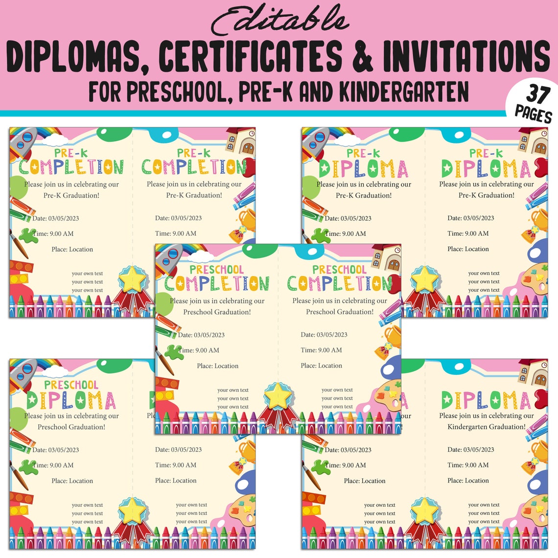 Editable Preschool, Pre-k, and Kindergarten Diplomas, Certificates, and ...
