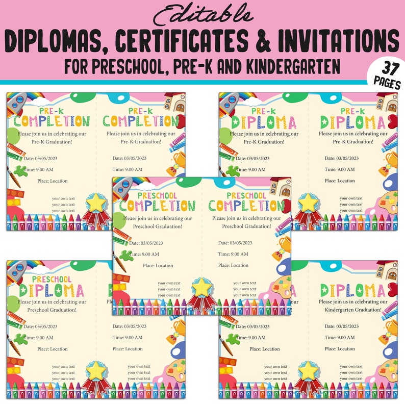 Editable Preschool, Pre-k, and Kindergarten Diplomas, Certificates, and ...