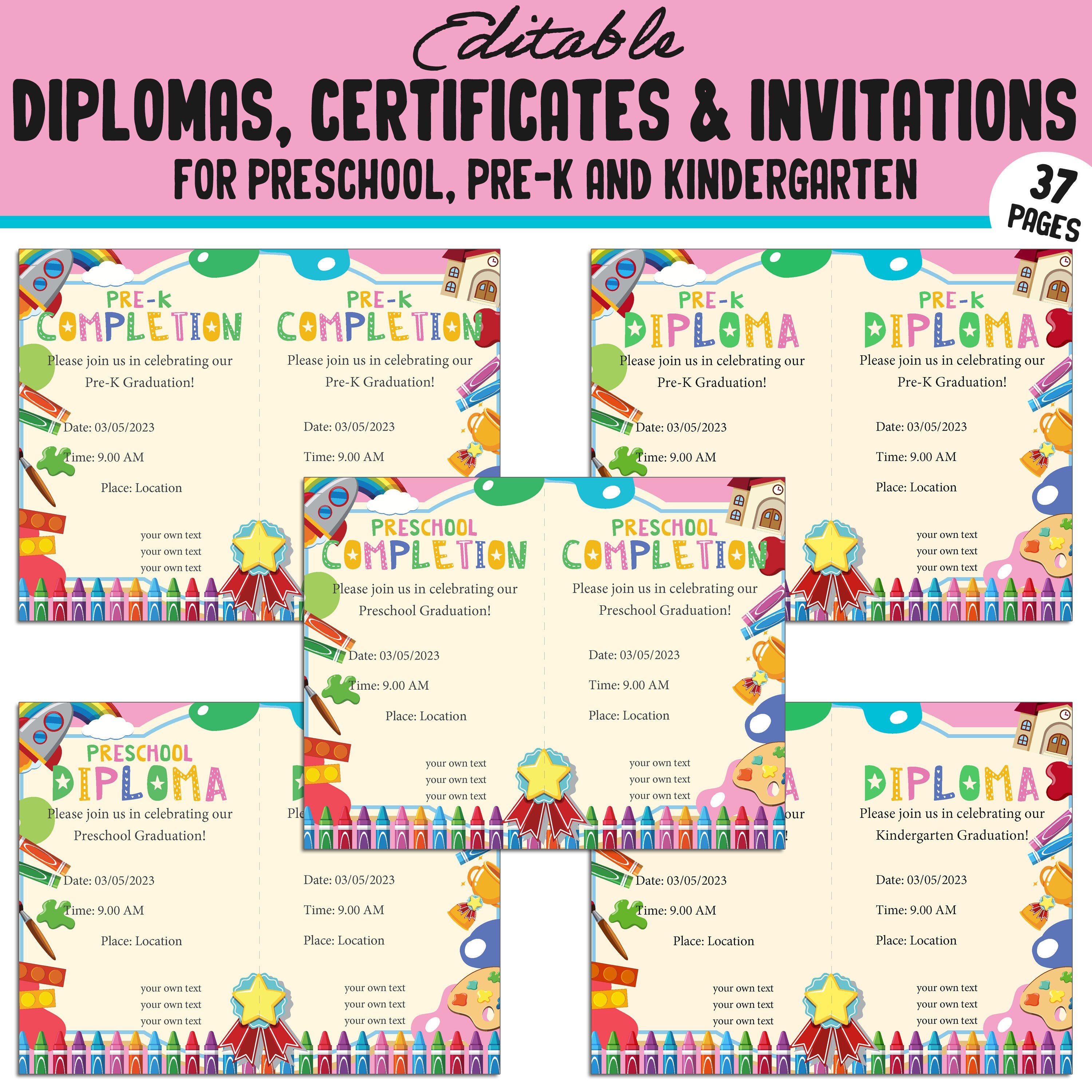Editable Preschool, Pre-k, and Kindergarten Diplomas, Certificates, and ...