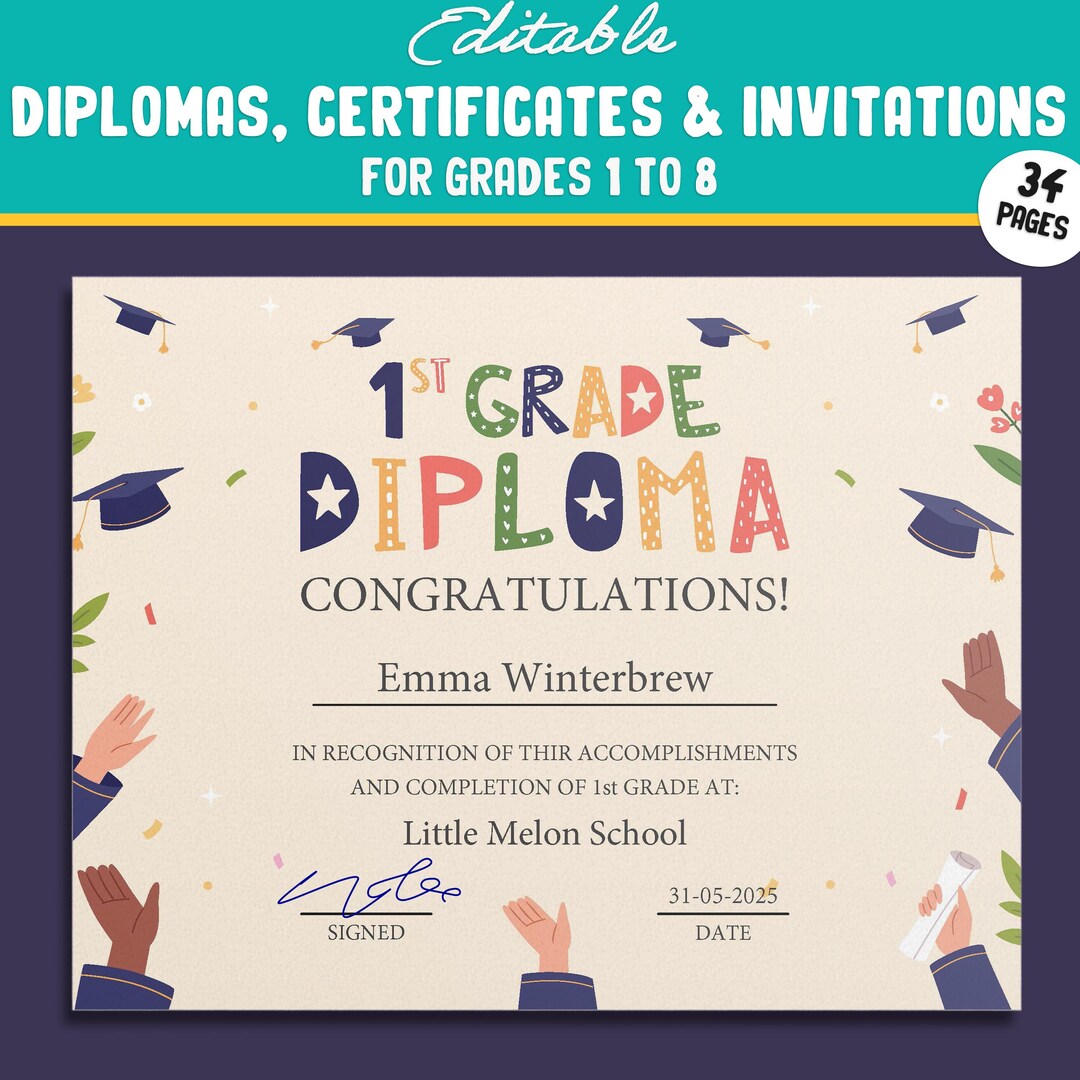34 Editable/printable First Grade Diplomas, 1st-8th Grade Certificates ...
