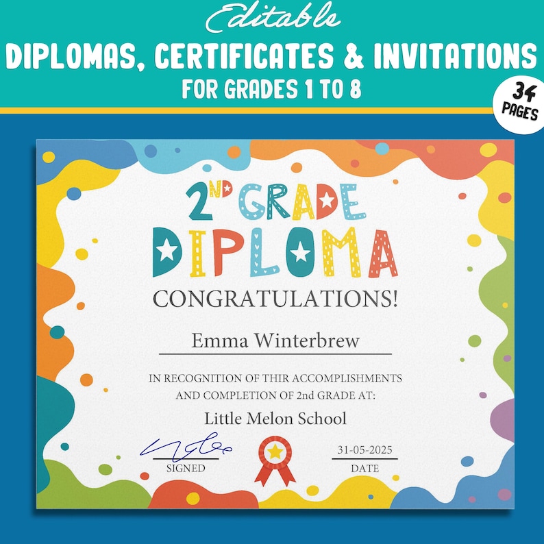 Editable 2nd Grade Graduation, 1st to 8th Grade Diploma, Certificate of ...
