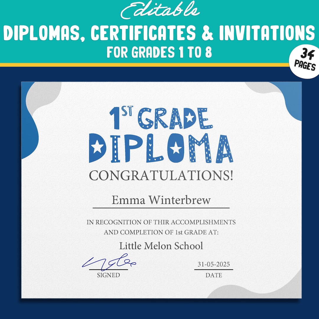Editable 1st-8th Grade Graduation Certificate, Diploma, and Invitation ...