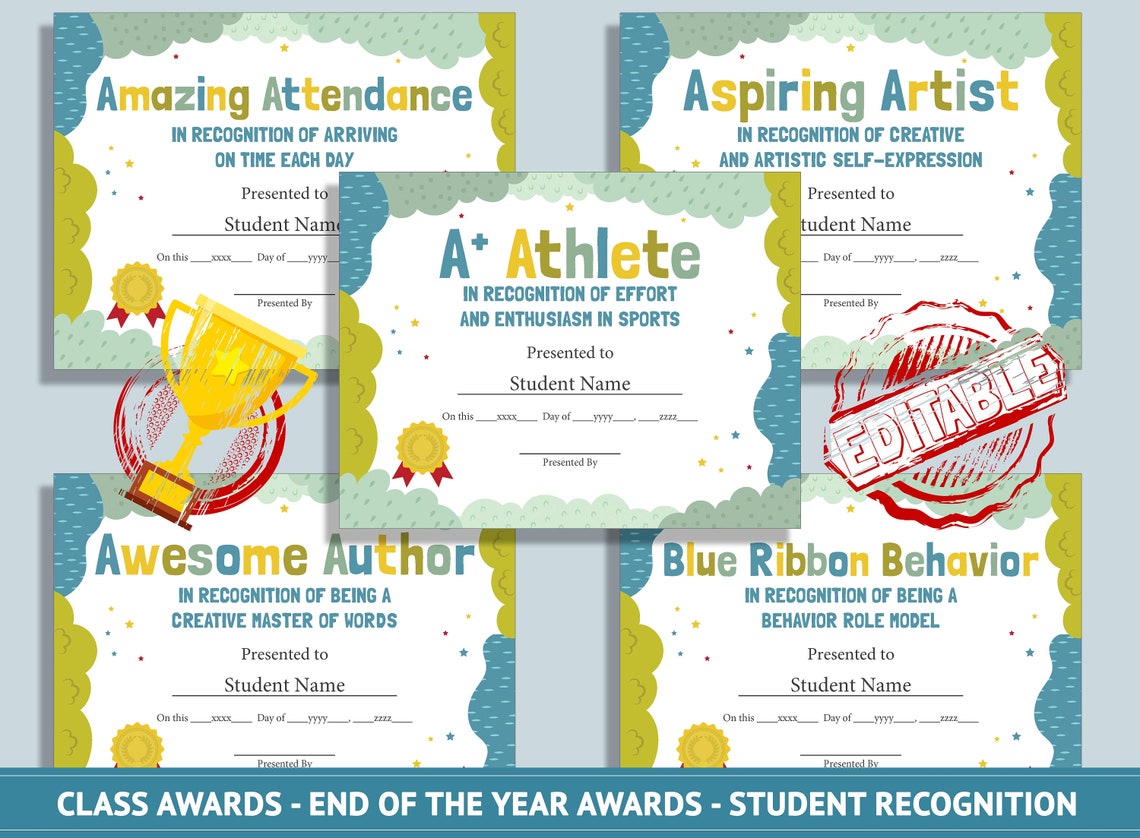 26 Editable Classroom Certificates End of the Year Awards Student ...
