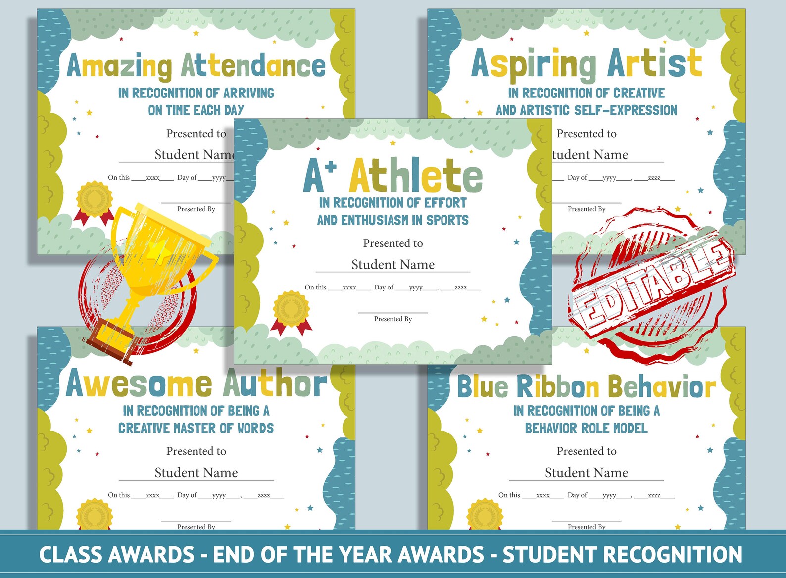 26 Editable Classroom Certificates End of the Year Awards Student ...