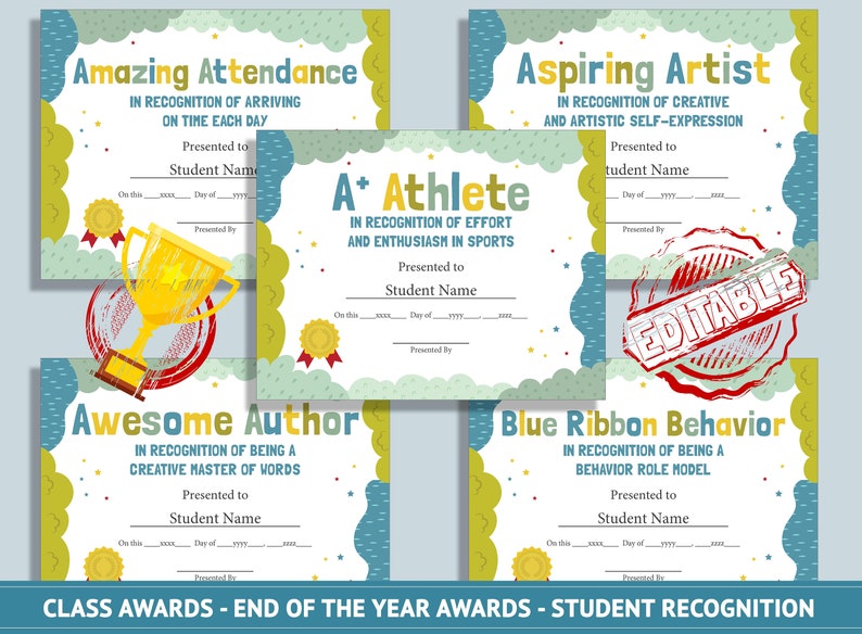 26 Editable Classroom Certificates - End of the Year Awards - Student ...