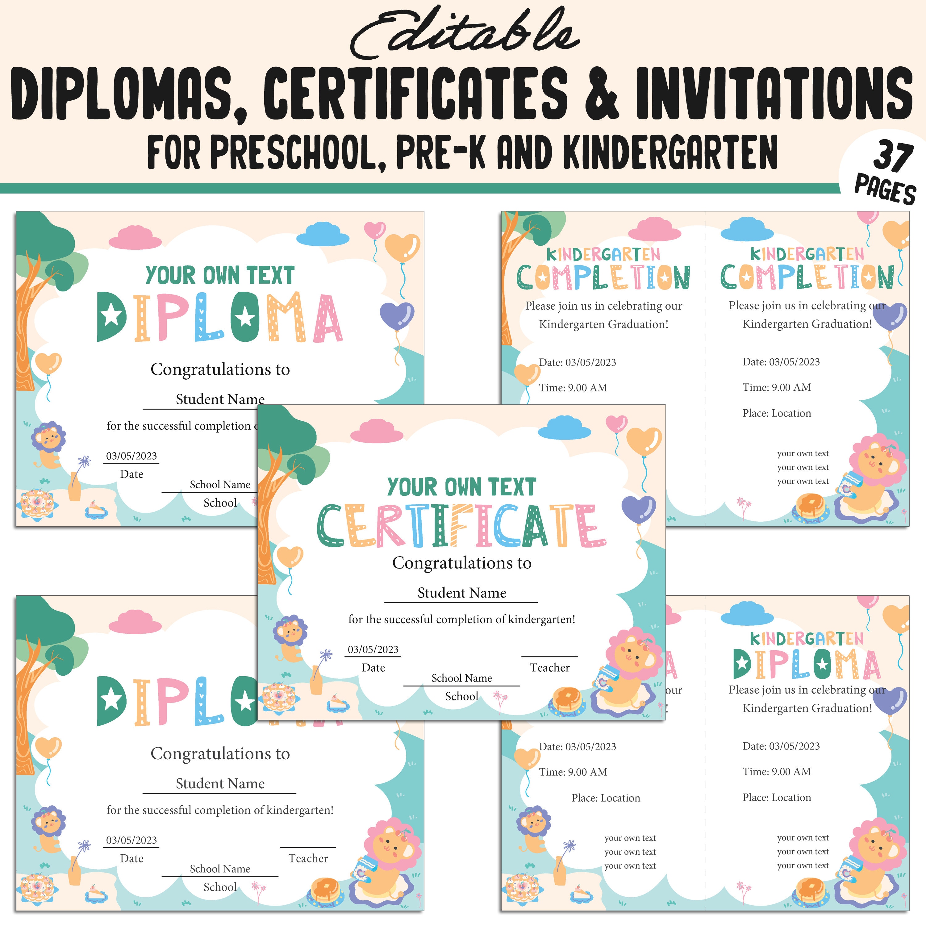 Editable Kindergarten, Prek, Preschool Diplomas, Certificates ...
