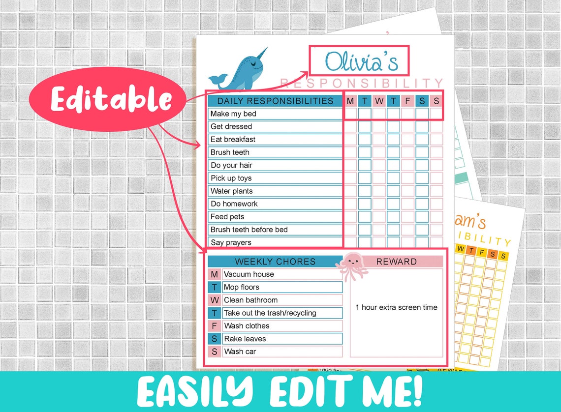 Kids Chore Chart Printable, 20 Responsibility Chore Chart for Kids ...