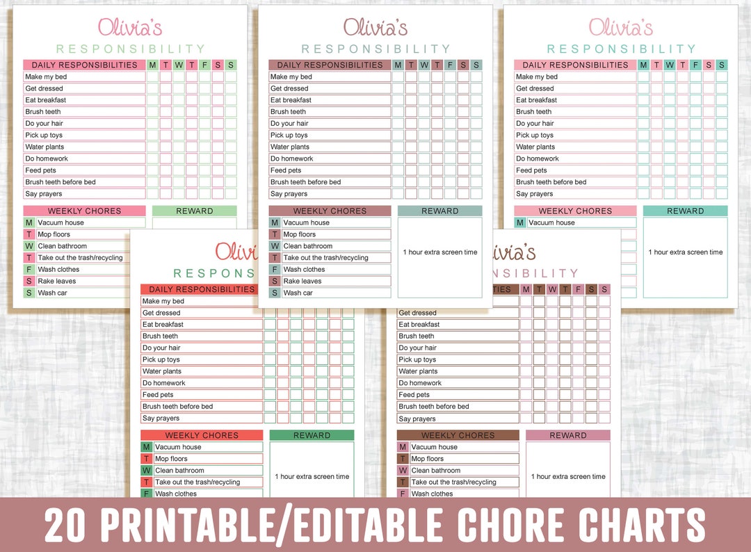 Chore Chart Printable, 20 Responsibility Chore Chart for Kids, Fully ...