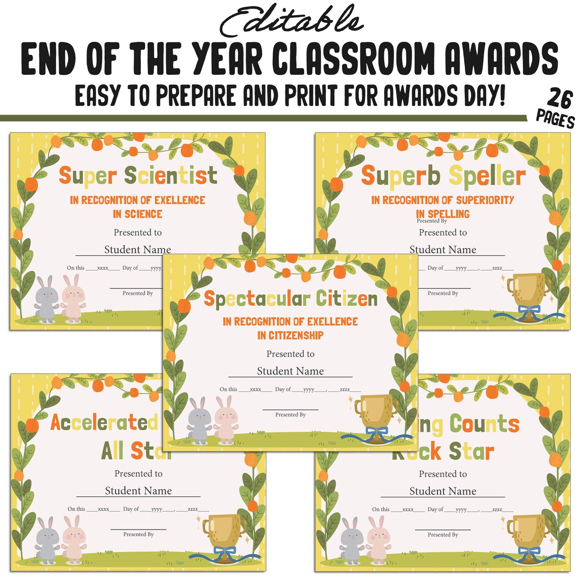 Editable End of Year Awards Certificates, 26 Pages, PDF, Instant ...