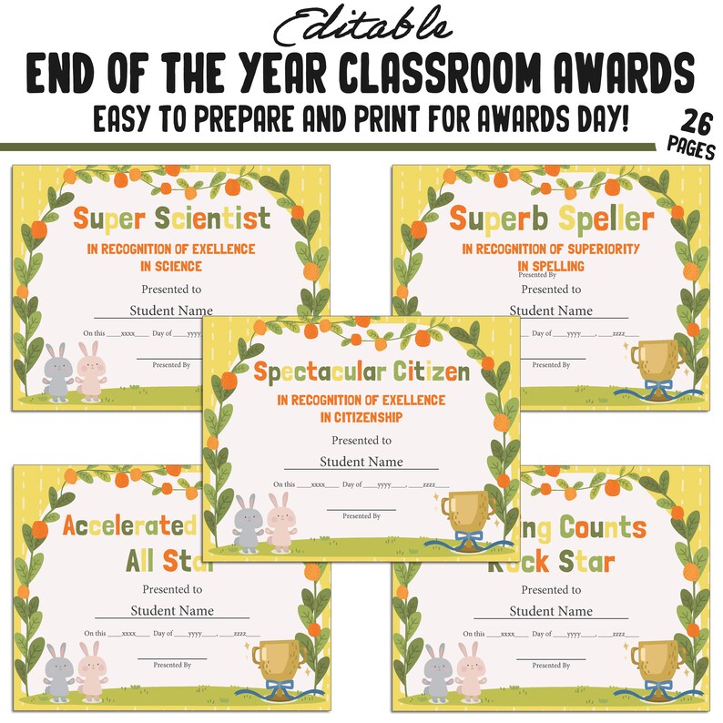 Editable End of Year Awards Certificates, 26 Pages, PDF, Instant ...