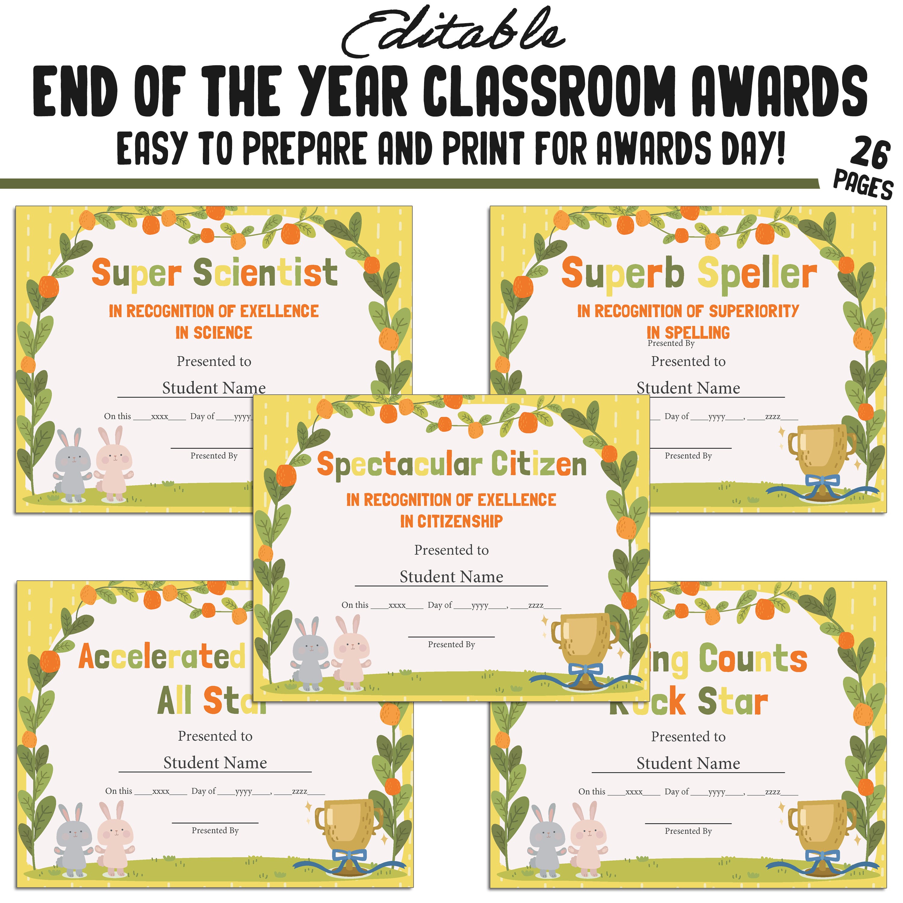 Editable End of Year Awards Certificates, 26 Pages, PDF, Instant ...