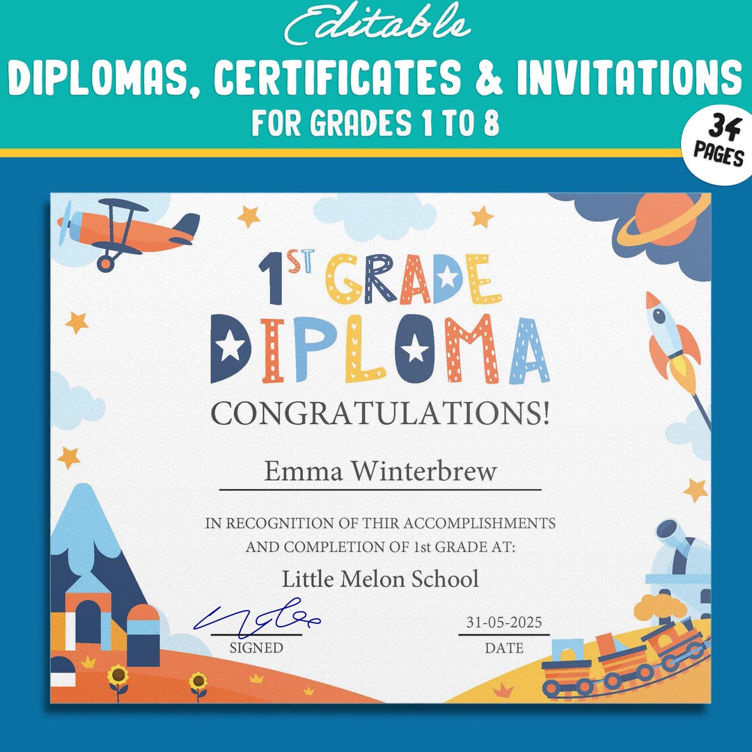 Editable 1st Grade Awards, 1st to 8th Grade Diploma, Certificate of ...