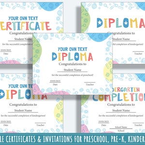 Kindergarten Certificates Completion Diploma and Invitations, Editable ...