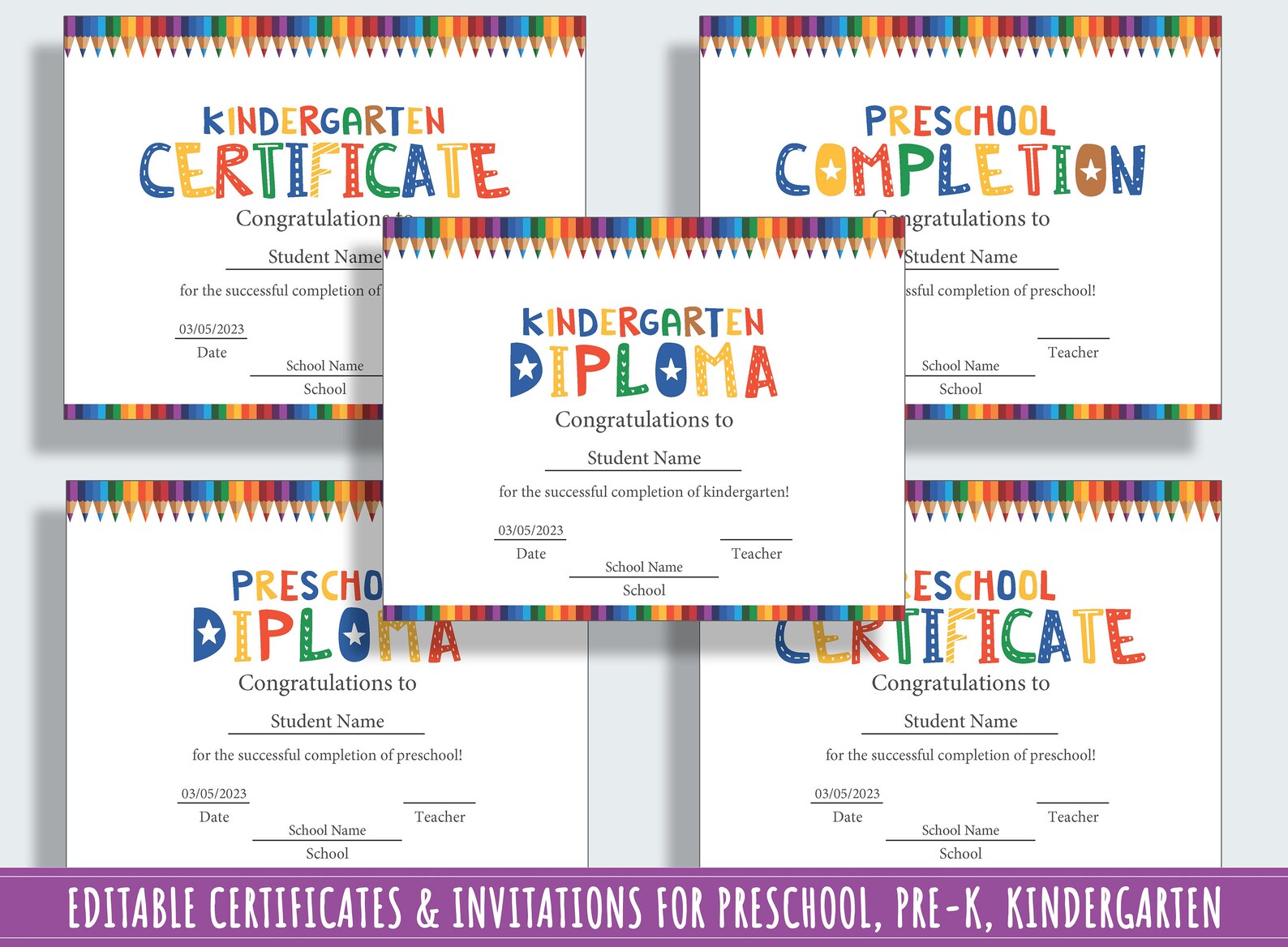 Preschool and Kindergarten Diploma, Certificate, and Invitation ...