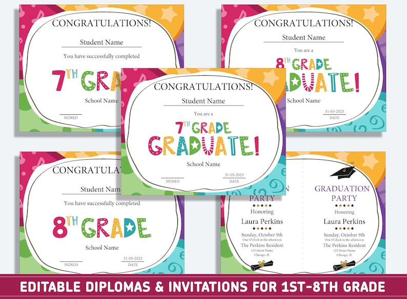 Editable First Grade Award Certificates, 1st to 8th Grade Diploma ...