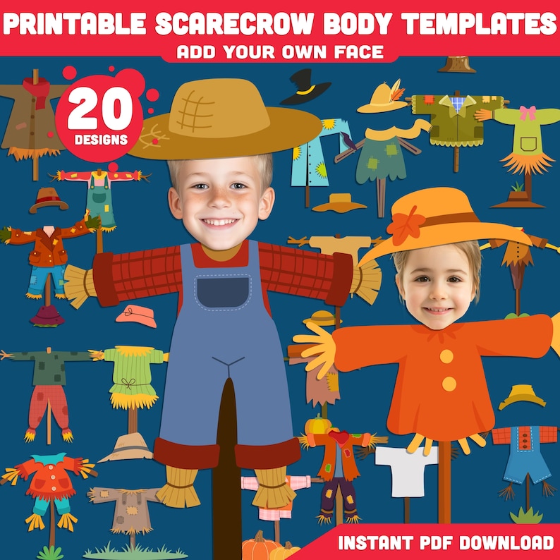 Printable Scarecrow Body Templates for Kids, 20 Halloween Designs, Fun ...