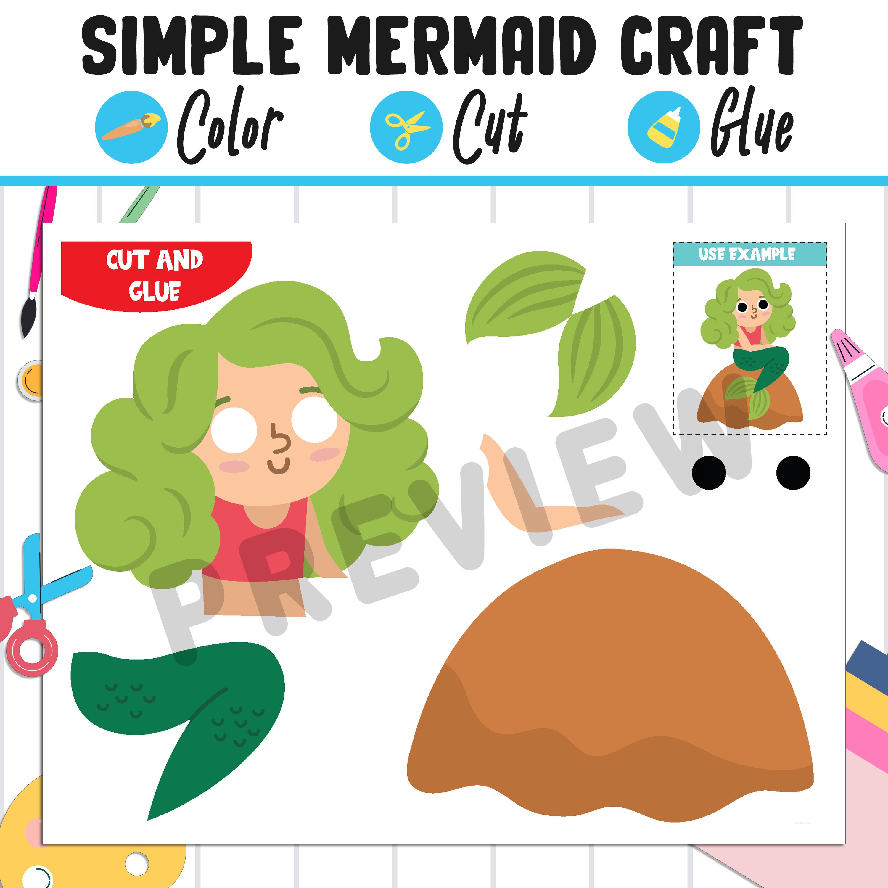 Simple Mermaid Craft for Kids: Color, Cut, and Glue, a Fun Activity for ...